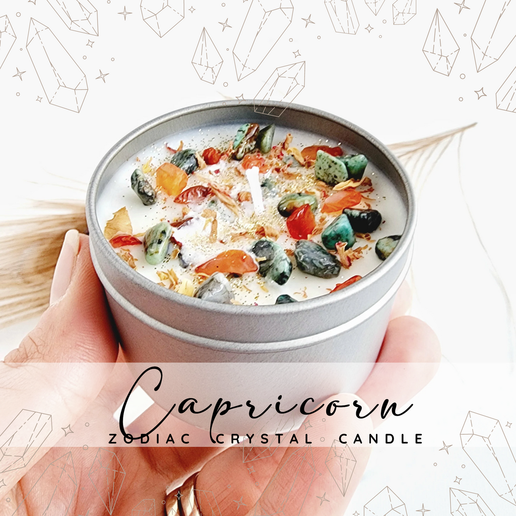 CAPRICORN zodiac candle with healing crystals – KrisiaArt LLC
