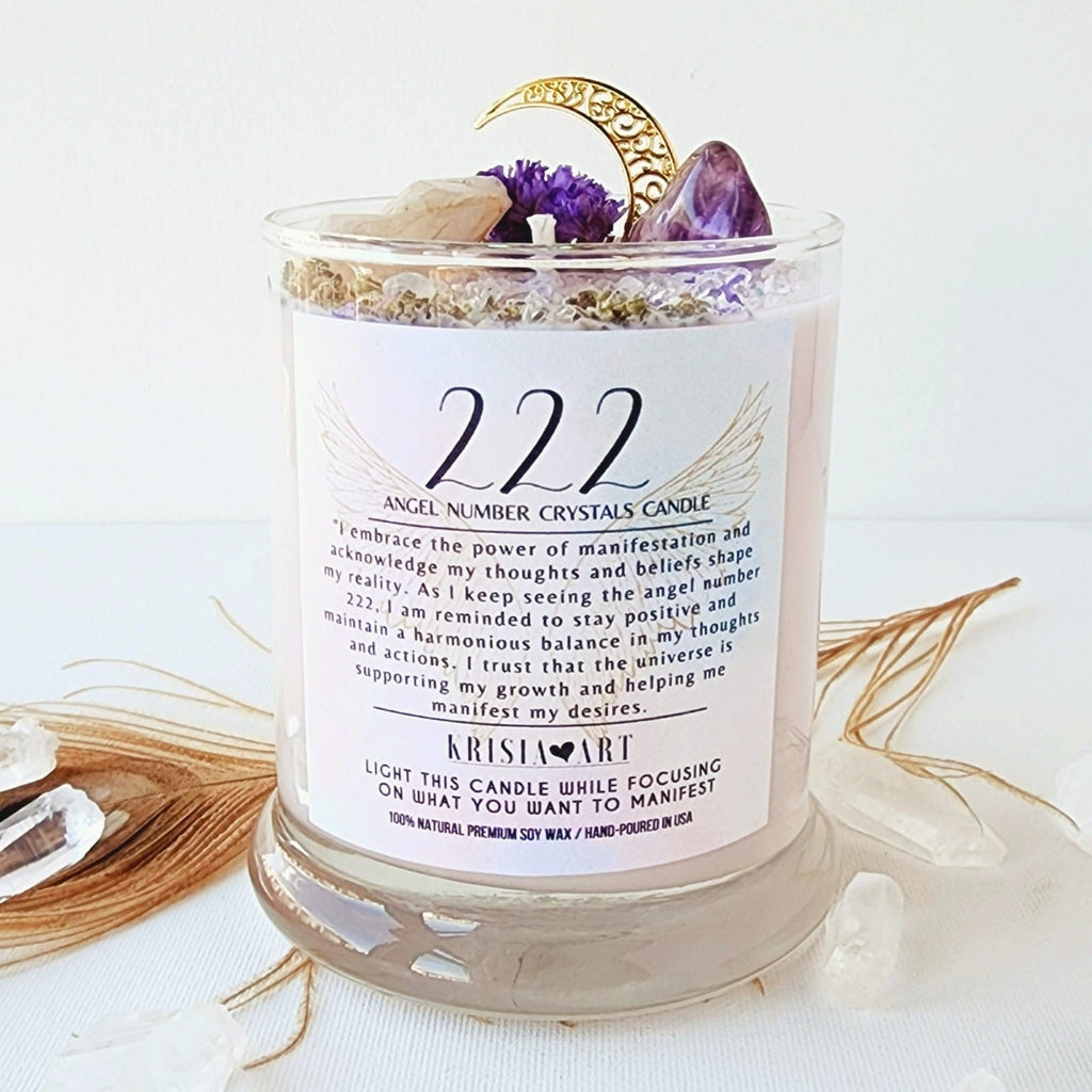 222 ANGEL NUMBER CANDLE with crystals & angel message – KrisiaArt LLC